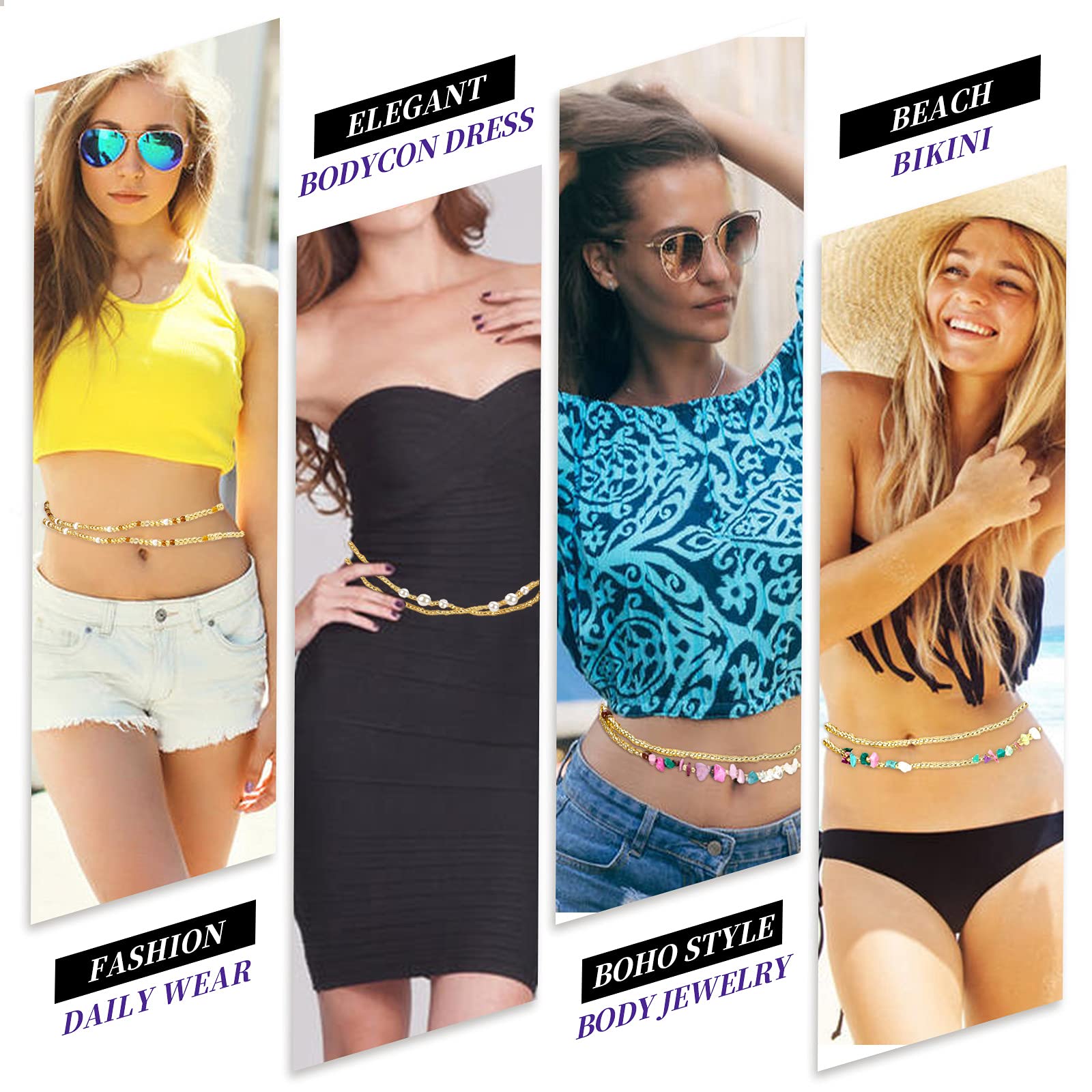 10PCS Waist Beads for Women with crystals,Summer Belly Body Chain African Stretchy Waist Jewellery, Size 31"-37"
