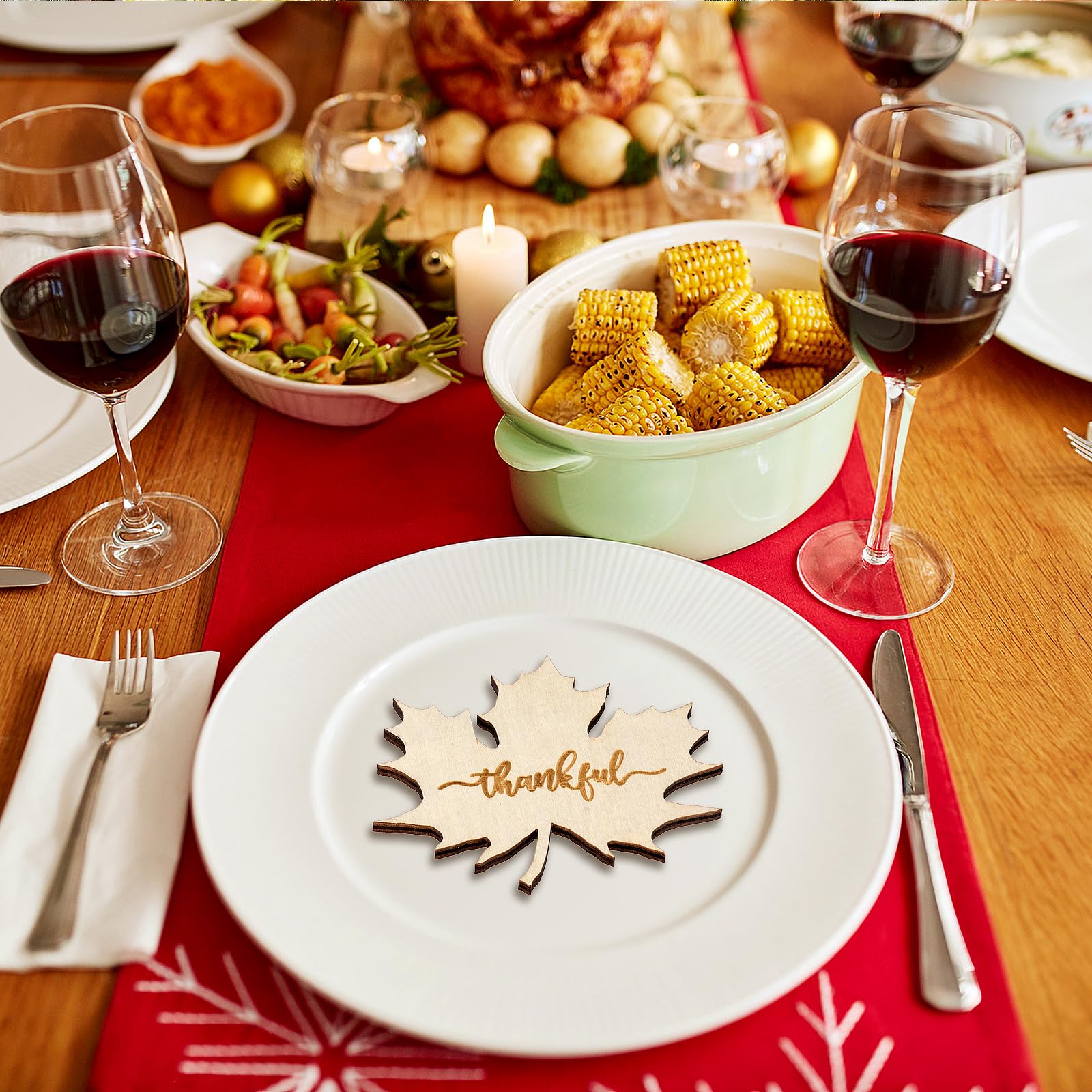 12PCS Thanksgiving Place Cards Maple Leaf Grateful Wood Sign, Fall Dining Table Plate Ornament Farmhouse Home Dinner Table Place Setting Decor