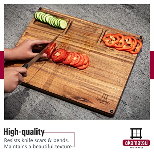AKAMATSU HOMEWARES | RYOKAN Acacia Wood Cutting Board | Edge Grain XL Cutting Board with Deep Juice Well | 17x13.2x1" Charcuterie Board Serving Platter with Sorting Compartments | Sustainable Gift Box