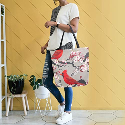 Cardinal And Blooming Cherry Canvas Tote Bag Reusable Grocery Bags Tote Carrying Bag with Handles