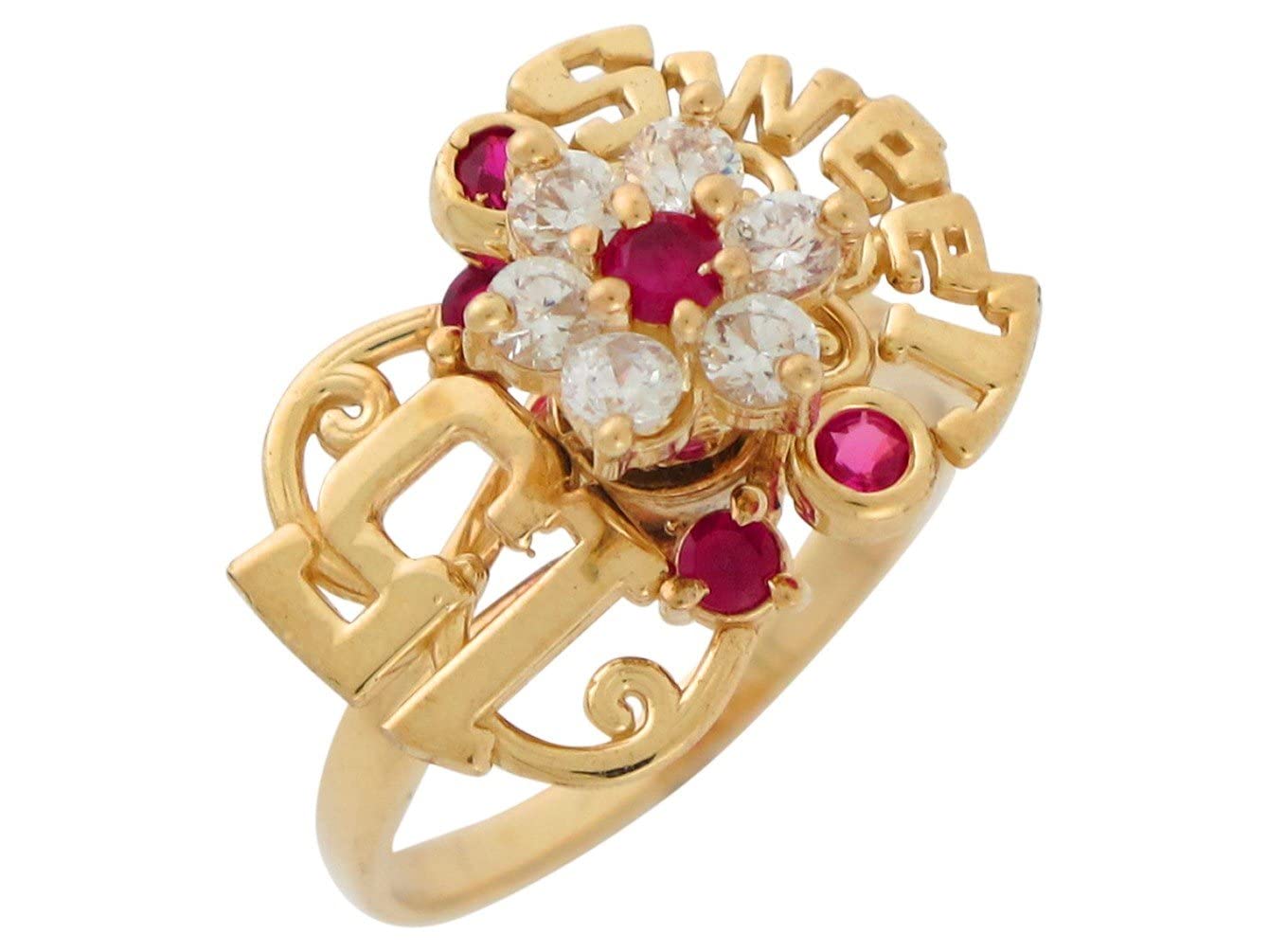 10k Gold Quinceanera Sweet 15 Motion Spinning Simulated Ruby White CZ Floral Ring - Size 7.00