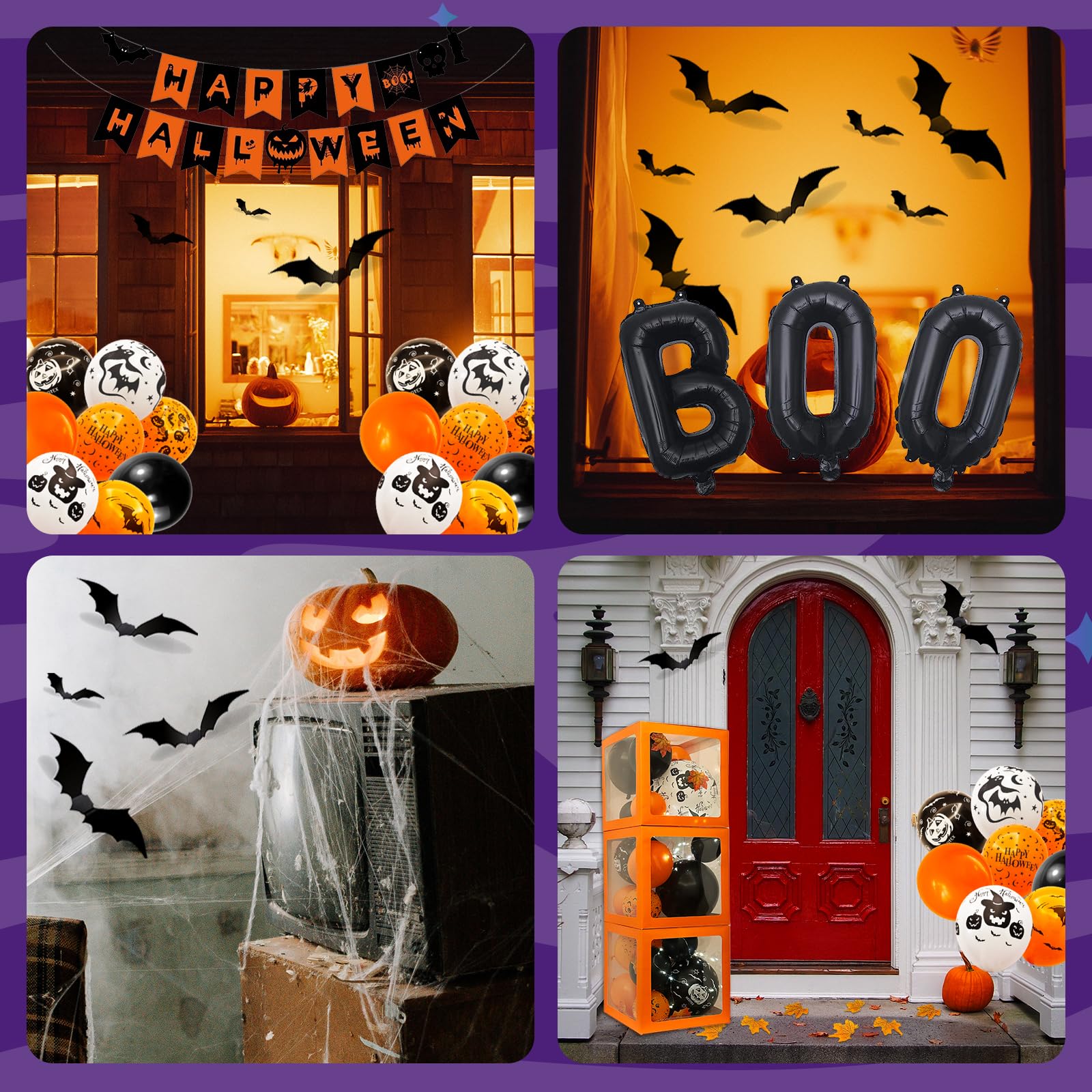 128 Pcs Halloween Party Decorations, Halloween Party Supplies - Halloween Balloon boxes, String Light, "HAPPY HALLOWEEN" Banner, "BOO" Banner, Multi Balloons, Bat Decor, Spider Wed