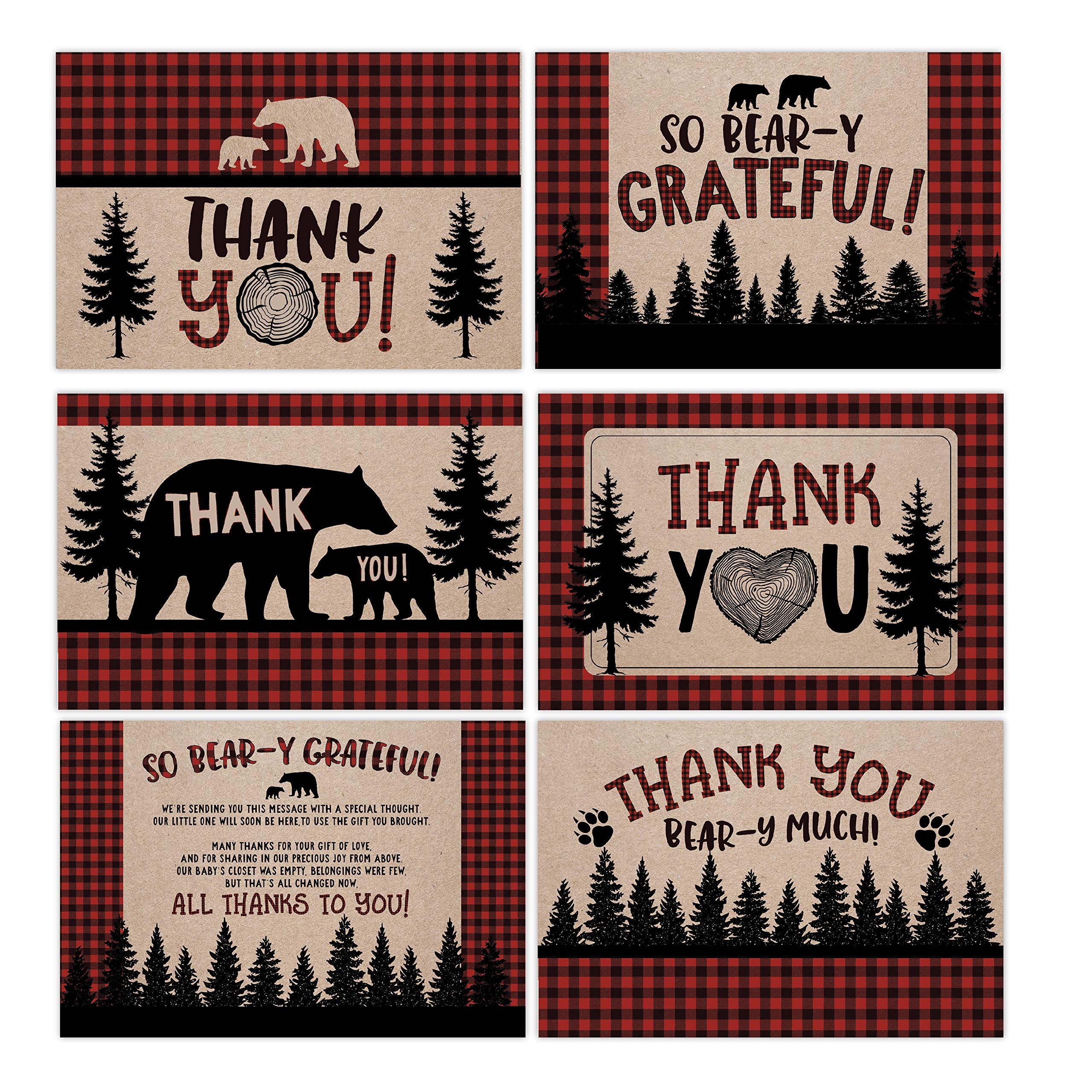 50 Lumberjack Baby Shower Thank You Cards - Boy Baby, Mama Bear Baby Shower Favor, Woodland Baby Shower - 6 Different Designs Included - 25 Blank and 25 Pre-Written Thank You Cards