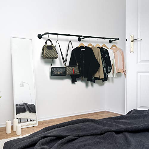 Crehomfy Industrial Pipe Clothes Rack with 3 Hooks, 72β'L Wall Mounted Garment Rack, Heavy Duty Iron Garment Bar, Clothes Hanging Rod Bar for Laundry Room, Max Load 135Lb Black (3 Base)