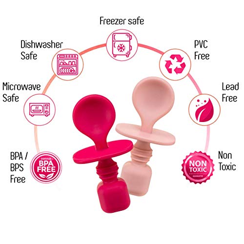 Silicone Baby Spoons for Baby Led Weaning 2-Pack, First Stage Baby Feeding Spoon Set Gum Friendly BPA Lead Phthalate and Plastic Free, Great Gift Set (Pink)