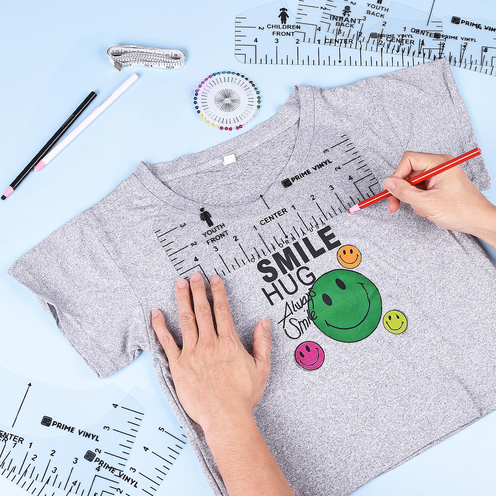 17Pcs Tshirt Ruler Guide for Vinyl Alignment, Prime Vinyl Tshirt Ruler for Cricut Heat Press HTV Vinyl Center Designs, Craft Sewing Supplies and Accessories