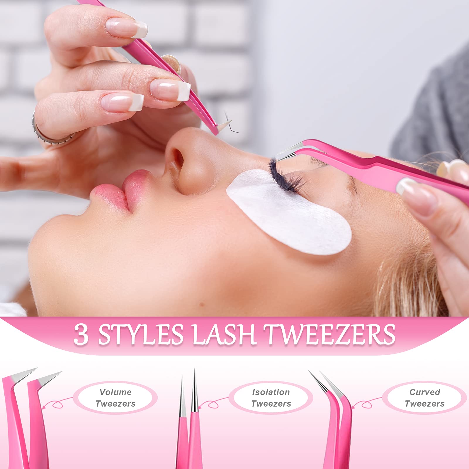 6-Pack Eyelash Extension Tweezers, Stainless Steel Straight Curved Tip Tweezers Single Eyelash False Eyelash Application Tools(Pink)