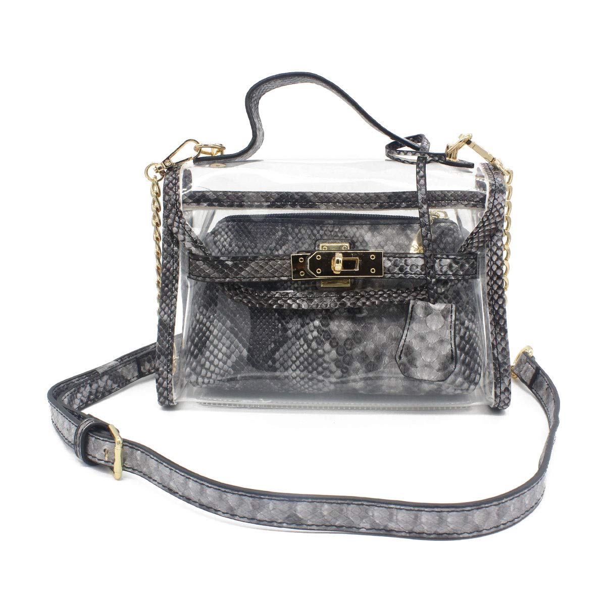 2-in-1 Snake Print Handbag Clear Stadium Shoulder Bag with Conceal Clutch Tote Bag Crossbody Purse