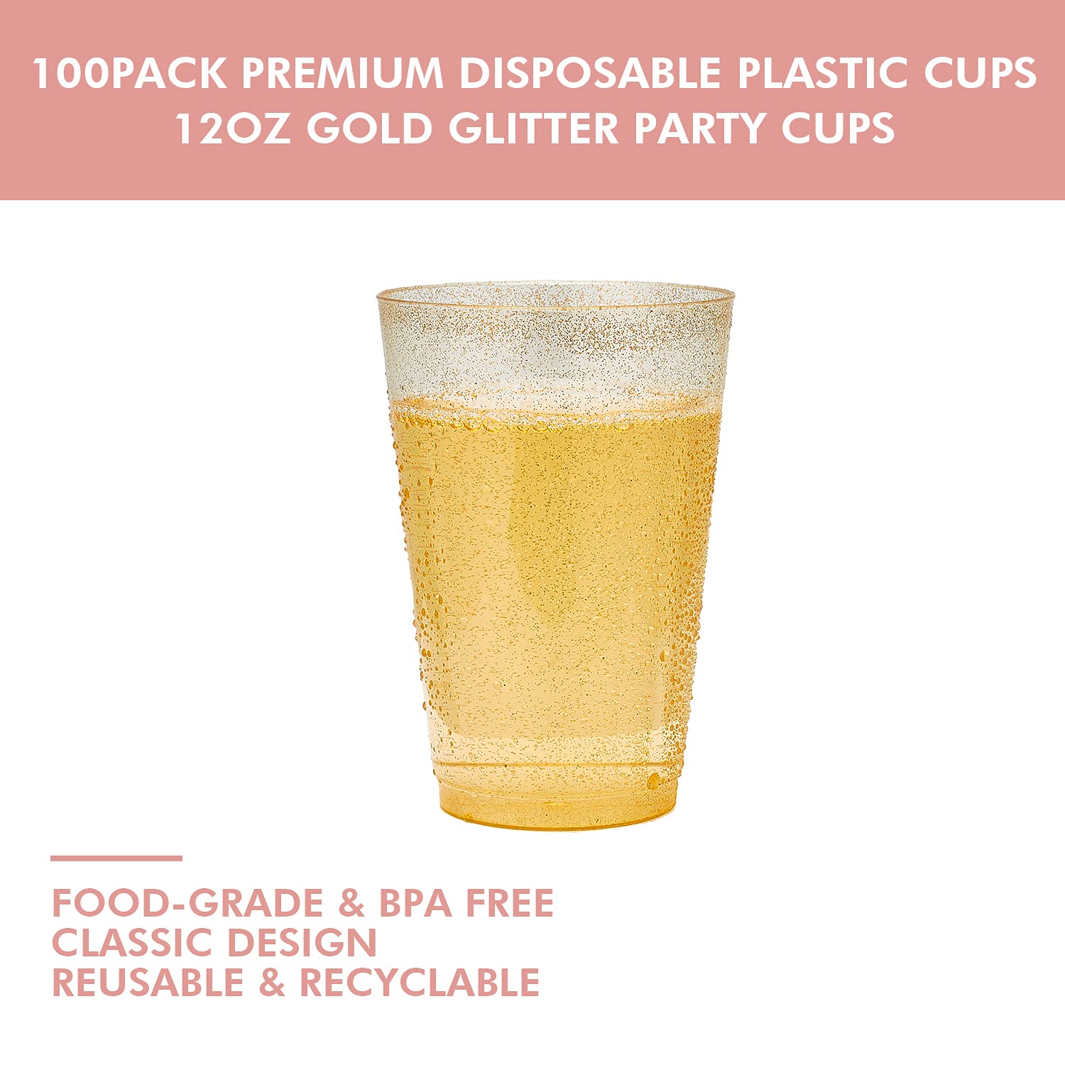 100 Pack 12oz Gold Glitter Plastic Cups, POPOPUL Disposable Cups Heavy Duty Plastic Cups Tumblers, Reusable Clear Hard Plastic Cups for Wedding, Halloween, Thanksgiving, Christmas Party