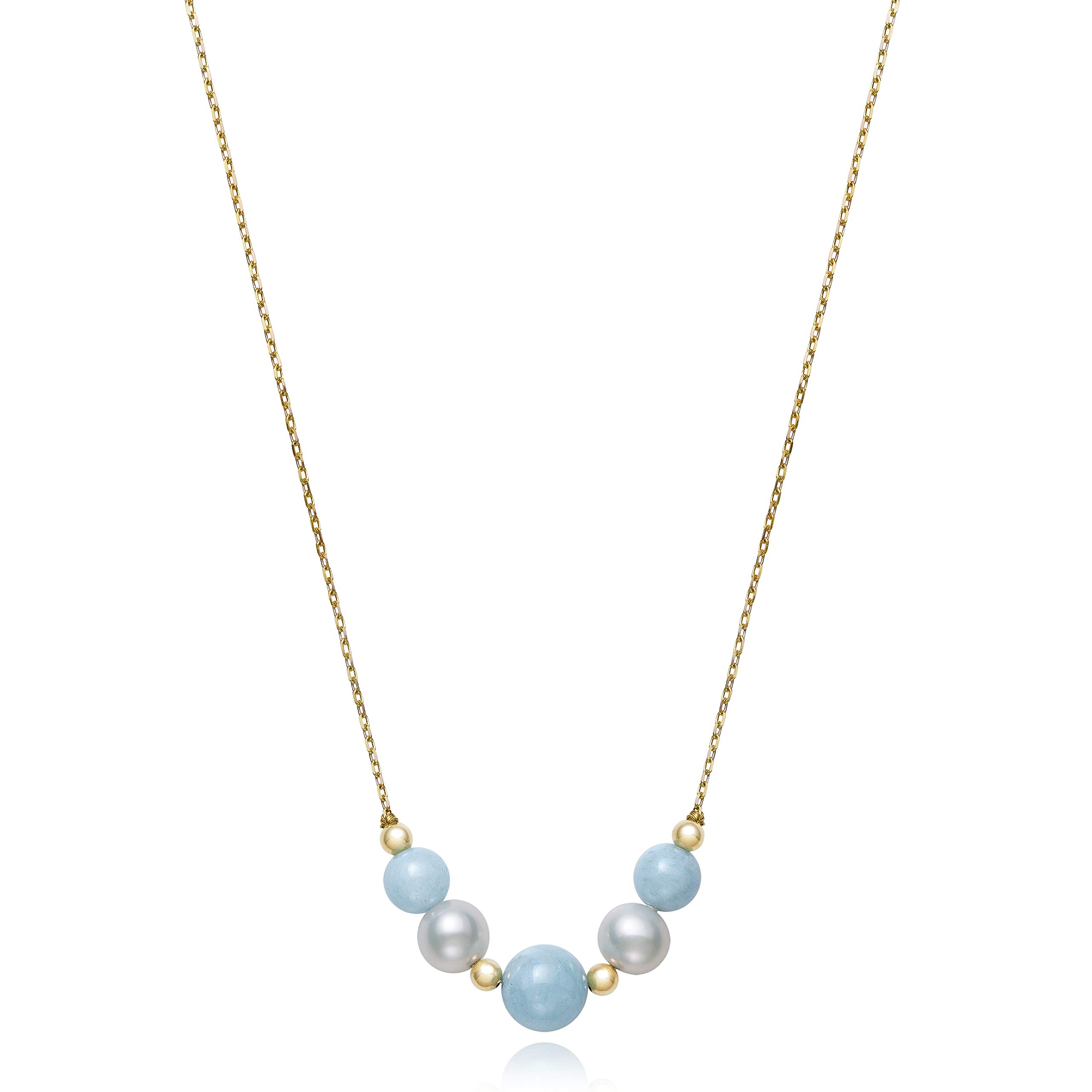 14k Gold Cultured Freshwater Pearl and Natural Aquamarine Chain Necklace, 18”