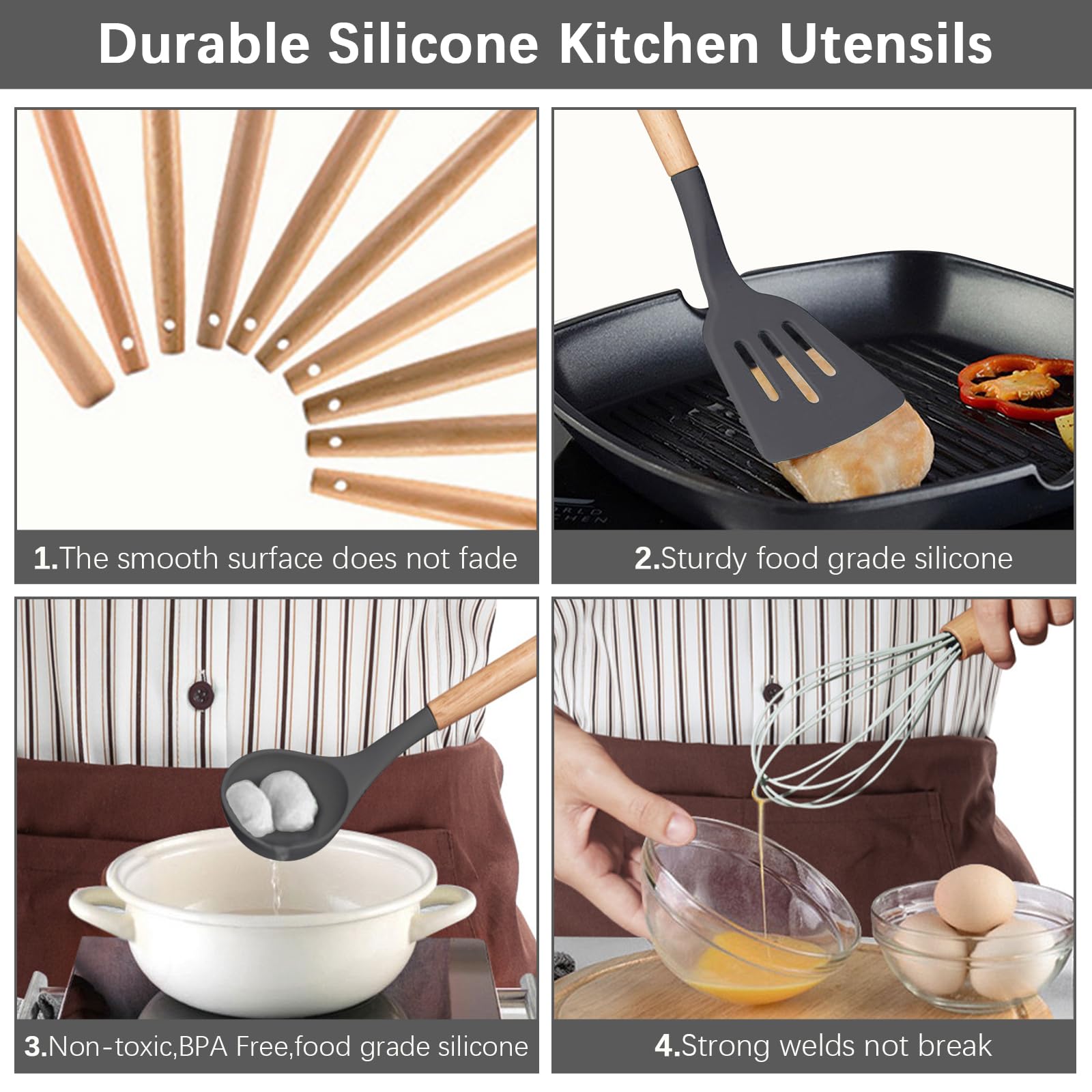 11 Pcs Kitchen Cooking Utensil Set - Silicone Cooking Tools with Wooden Handles,Turner,Tongs,Spatula,Spoon,Brush,Whisk,Holder,Kitchen Gadgets for Nonstick Cookware. (Grey)