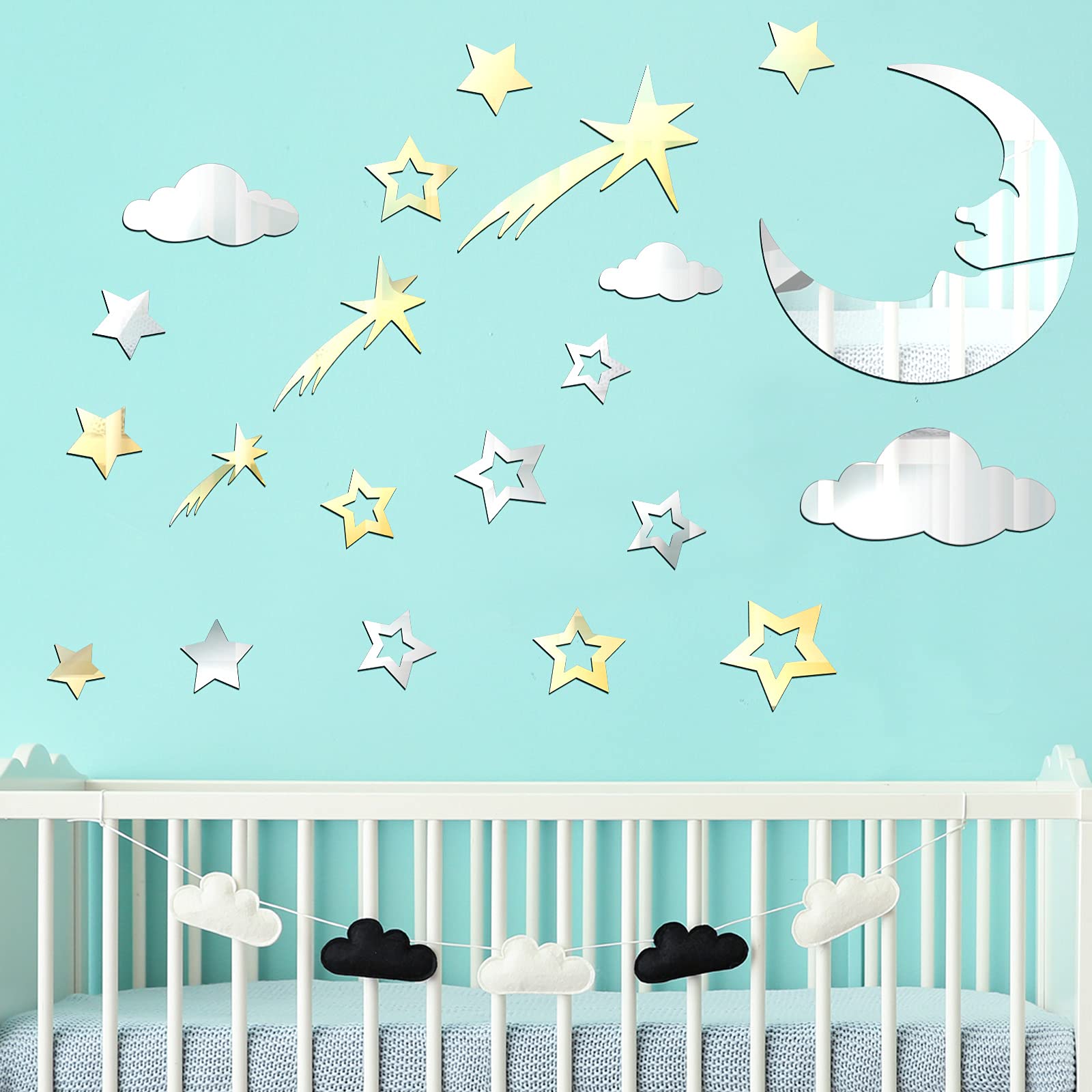 82 Pieces Moon and Stars Mirror Decals Removable 3D Acrylic Mirror Stickers Moon and Stars Wall Stickers Home Decor for Living Room Kids' Room Nursery Decoration