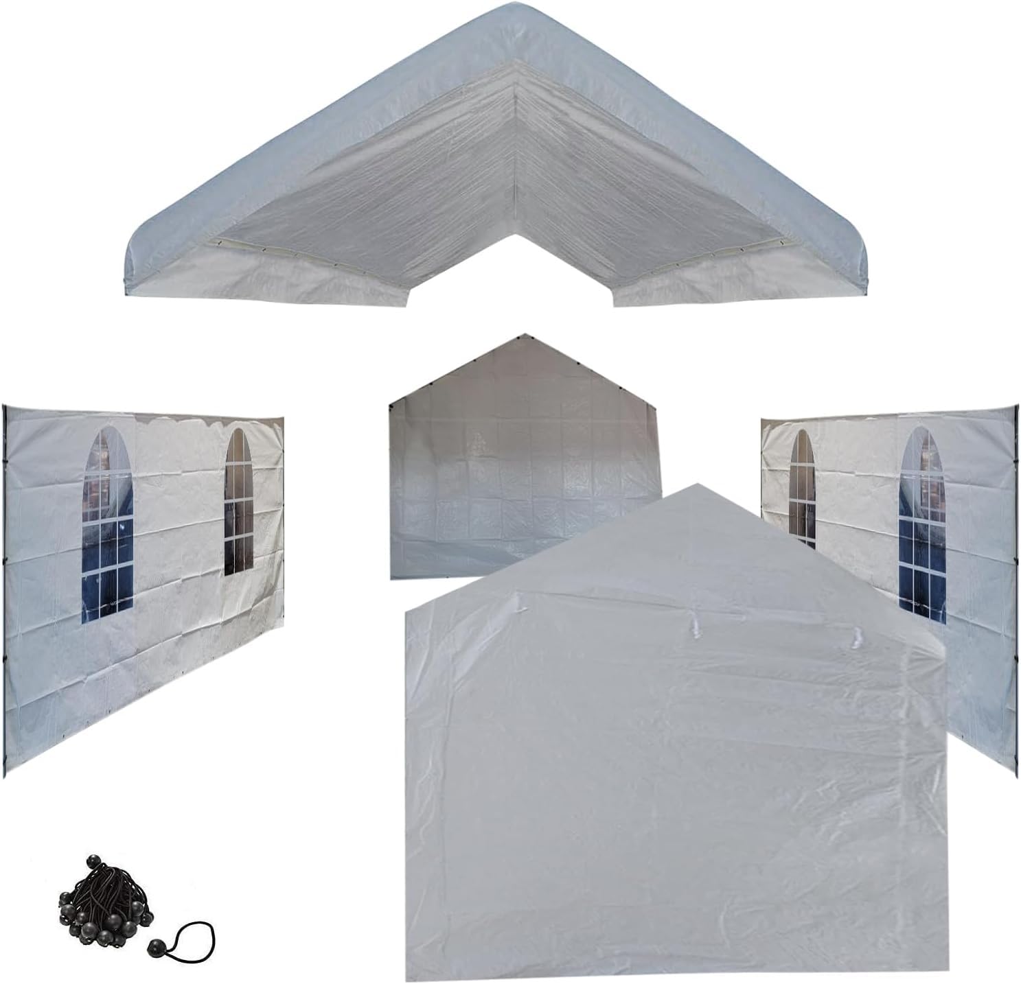 10x20 White Canopy Carport Cover Set with Valanced Top All 4-Side Walls and Top (5 Pcs Tarps Set, No Frame) Double Side Windows