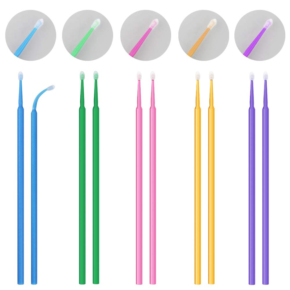 500 PCS Disposable Micro Applicator Brush Bendable Makeup Brush Mascara Brush for Eyelash Extensions, 5 Colors (Head Diameter: 2.5/2.0/1.5 mm)