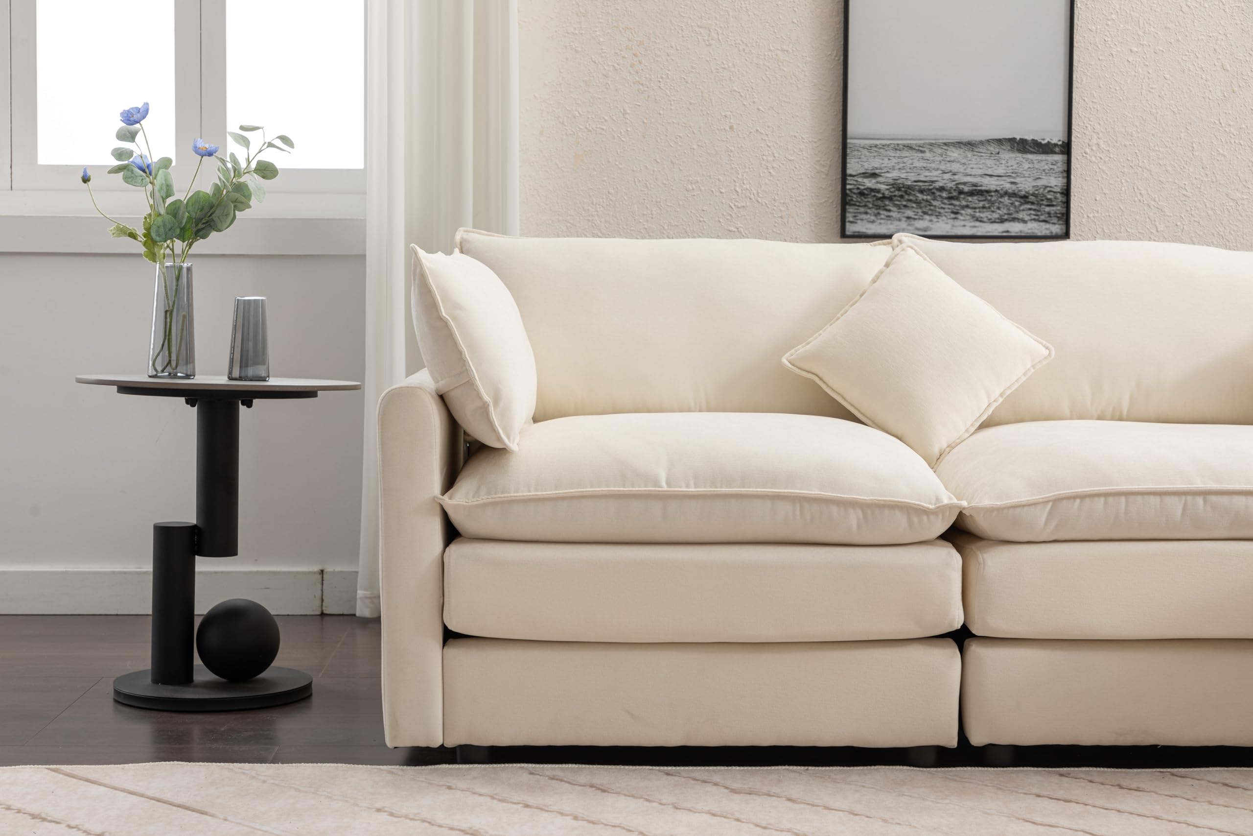 100" Modular Sectional Sofa L-Shaped, Modern Modular Sectional Cloud Couch 3-Seater Sofa with Movable Ottoman, Chenille Upholstered Cloud Couches for Living Room (Beige)