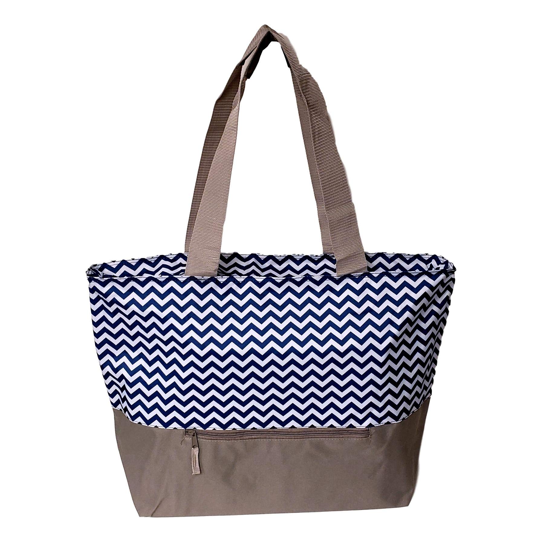 101SNORKEL XL Beach Tote Chevron Print Weekender Bag with Mesh Webbed Handles and Outer Zippered PocketCan Be Personalized (Personalized, Navy Blue)