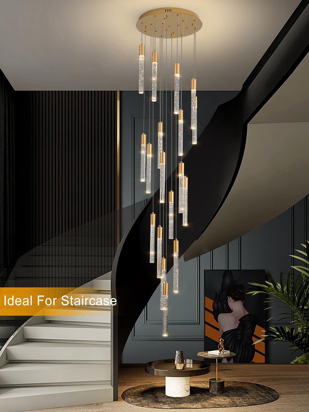 12 Lights 118" Modern High Ceiling Chandelier Crystal Gold Light Fixtures Dimmable Long Hanging Pendant Lighting Fixtures for Staircase Living Room Foyer Hallway Flush Mount Ceiling Light Polished