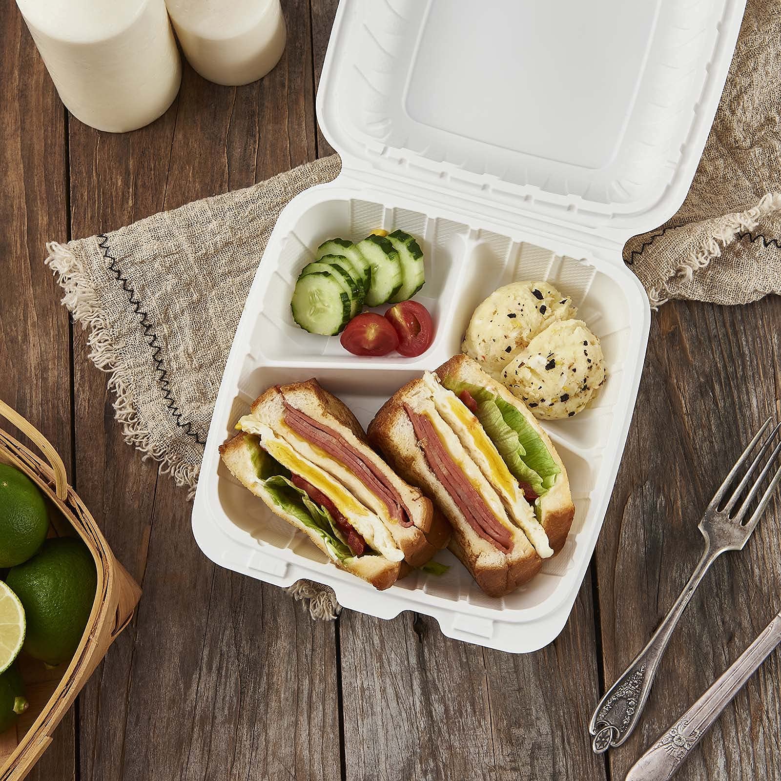 8X8" 3Compartment 50-Pack Plastic Clamshell Take Out Food Containers, Heavy Duty To-go Disposable Lunch Box For Cake, Sandwich, Salad, Dessert, Restaurant Meal Prep Packaging Catering Hinged Container