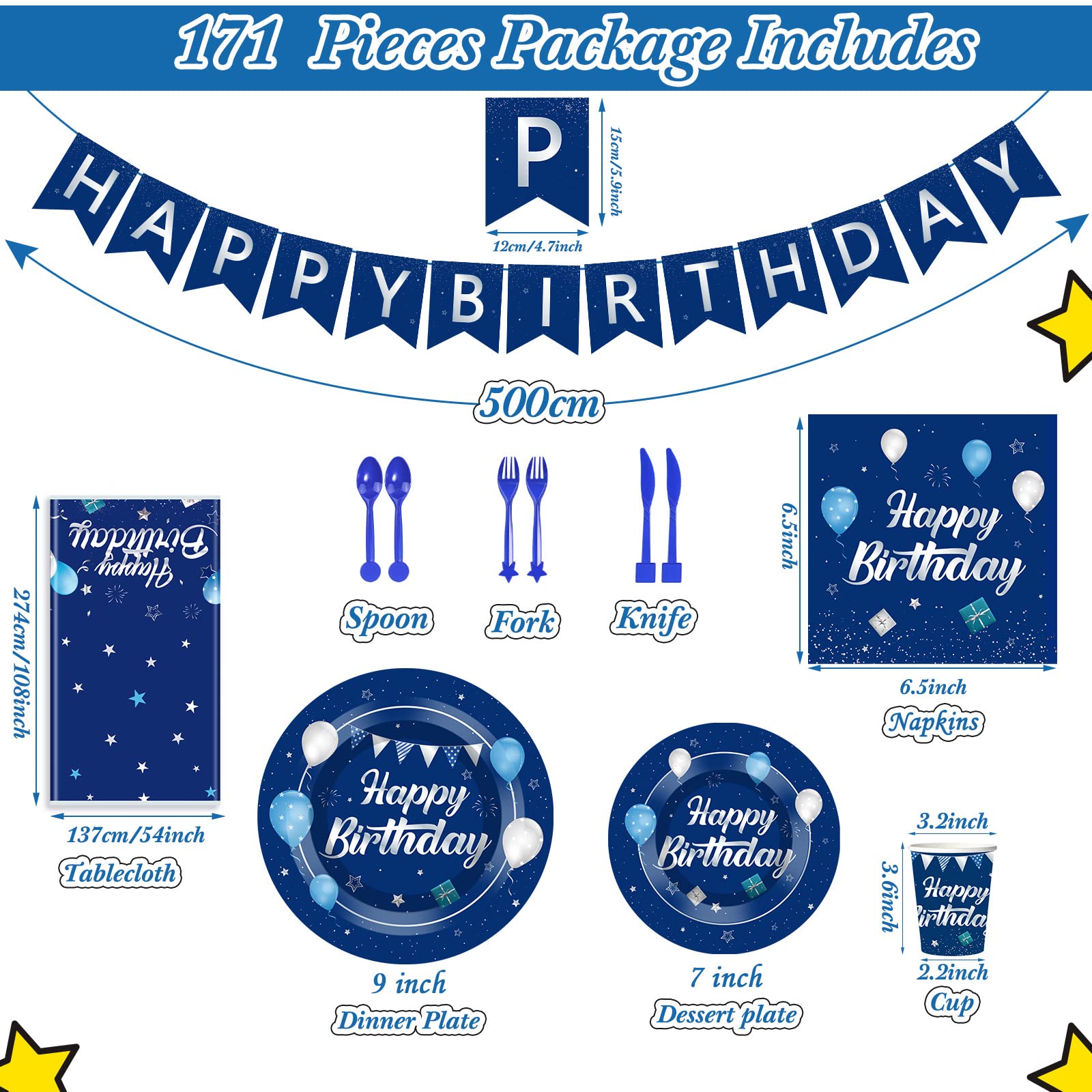 171 Pieces Happy Birthday Party Tableware Set Birthday Decoration Birthday Banner and Tablecloths Plates Cups Napkins Party Dinnerware for 24 Guests Party Supplies (Blue and Silver)