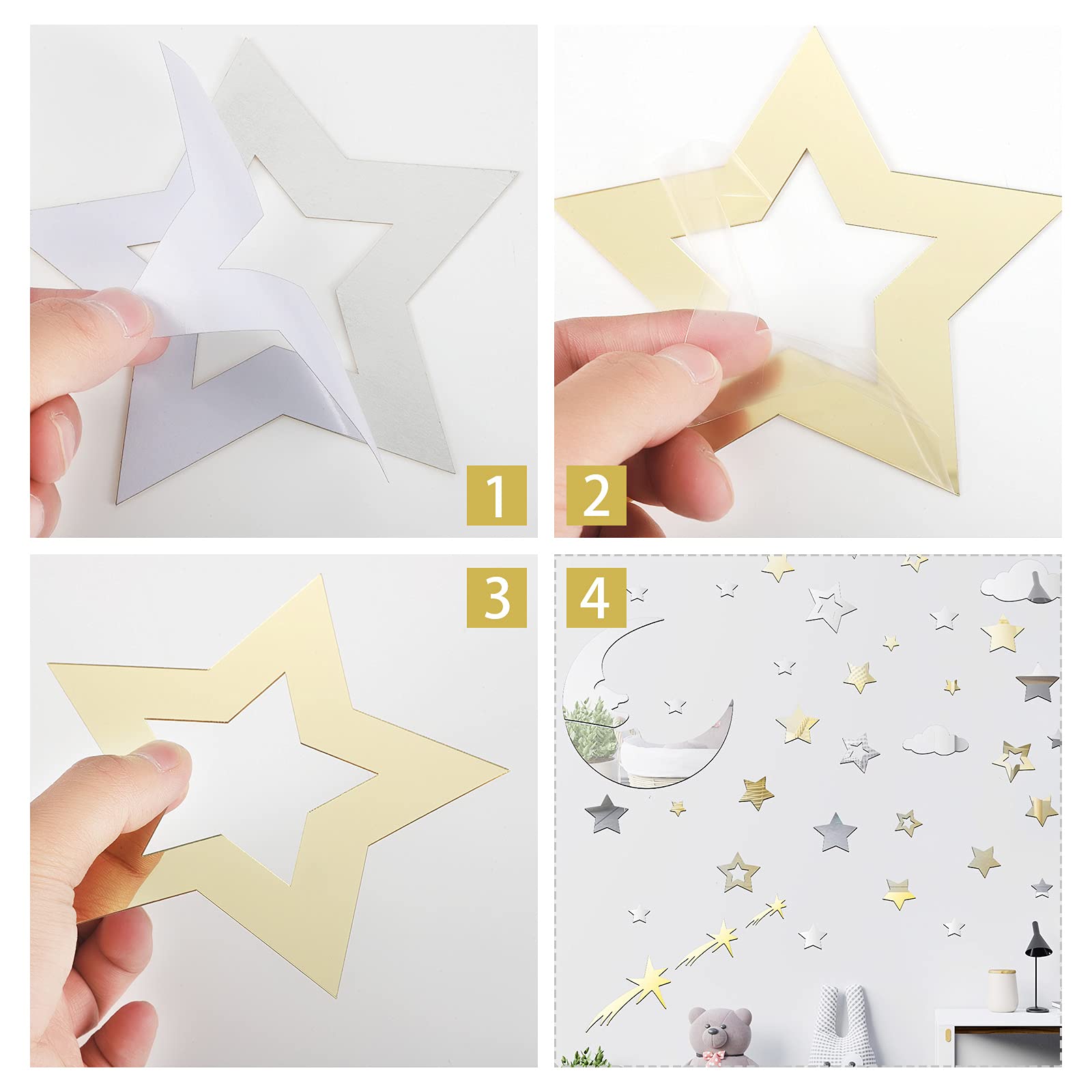 82 Pieces Moon and Stars Mirror Decals Removable 3D Acrylic Mirror Stickers Moon and Stars Wall Stickers Home Decor for Living Room Kids' Room Nursery Decoration