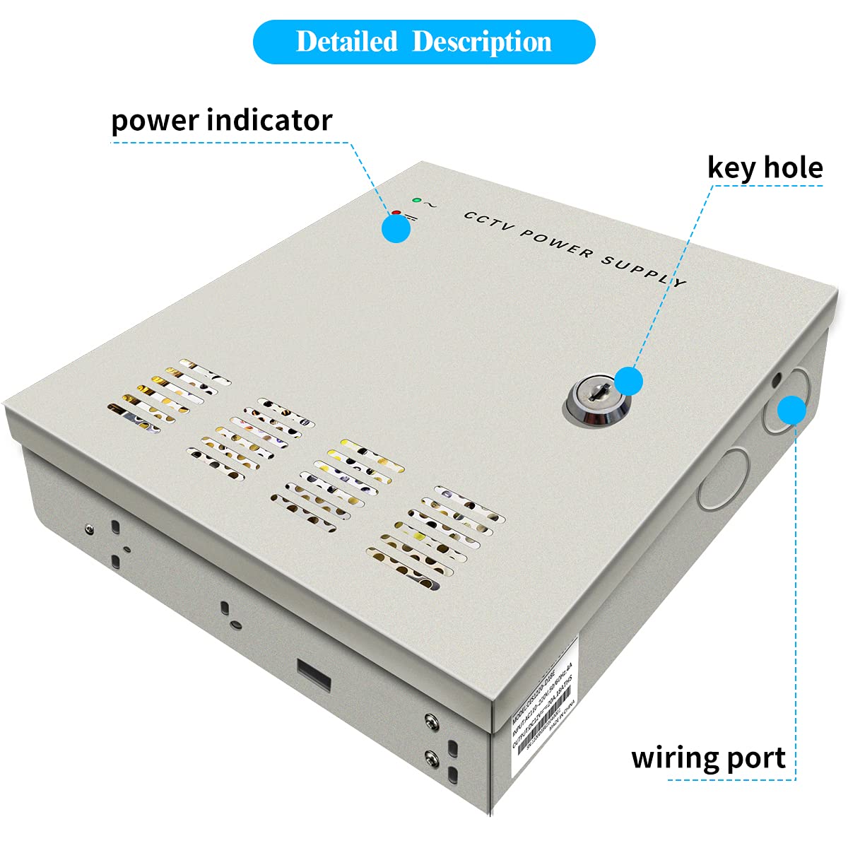 9 Channel 12 Volt DC Output 5A CCTV Distributed Power Supply Box for Security Camera with AC Plug and Lock for Security Cameras, DVRs, CCTV Power Supply (5A 9-Channel)