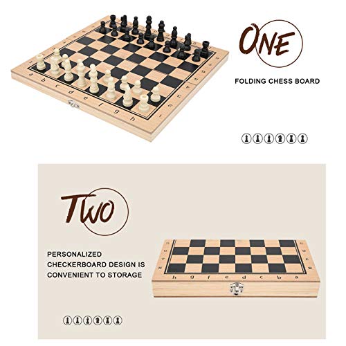 3 in 1 Wooden Chess/Checkers/Backgammon Set, Professional Portable Wooden Chess Set with Folding Chess Board Exquisite Interactive Wooden Chess Board Game for Adults Kids(S)