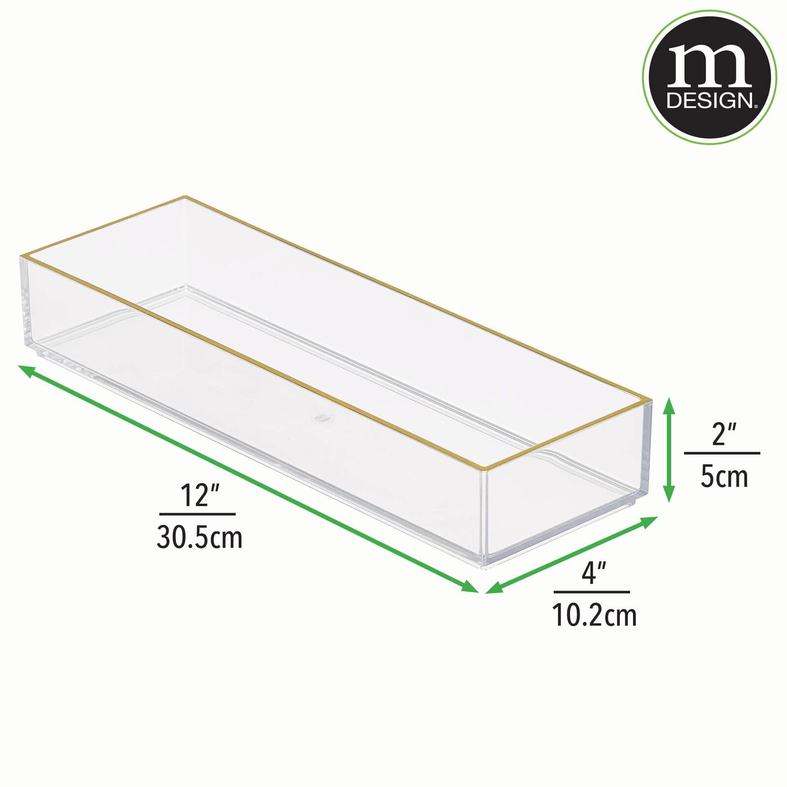 mDesign Slim Plastic Drawer Organizer, Storage Container for Cosmetics, Makeup, and Accessories on Bathroom Vanity, Countertop, or Cabinet - Lumiere Collection - 3 Pack - Clear/Soft Brass