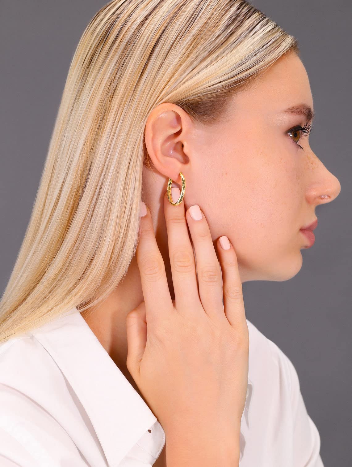 14K Gold Hoop Earrings with Spiral Ridges, Oval and Round Available (Oval Two Tone)