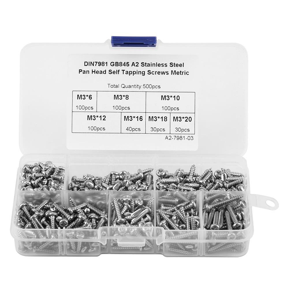 500Pcs M3 Self Tapping Screws Stainless Steel Cross Drive Button Head Self Drilling Screws Assortment(Stainless Steel)