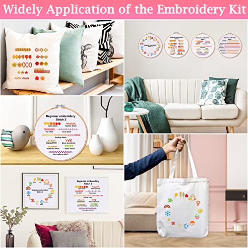 4 Sets Beginners Embroidery Stitch Practice kit, Embroidery Starter kit for Craft Lover with 30 Different Stitches,Embroidery Skill Practice Kit Include 4 Embroidery Cloth with Pattern Embroidery Hoop