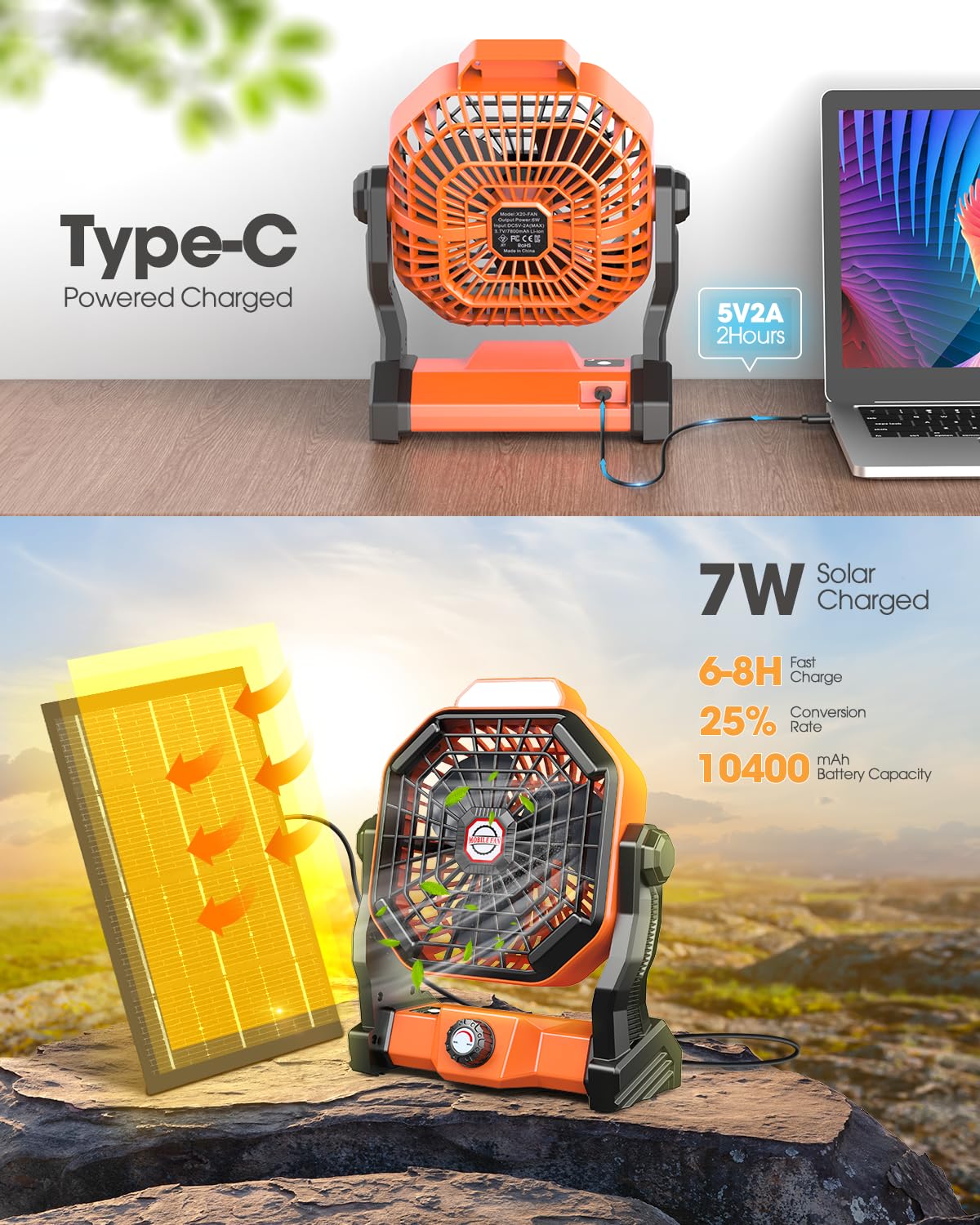 10400mAh Solar Fan, Camping Fan with Solar Panel, 7W 9-Inch Rechargeable Battery Operated Fan for Outside, LED Lantern, Stepless Speed and Quiet Battery Powered Solar Tent Fan for Tent,Outdoor, Office
