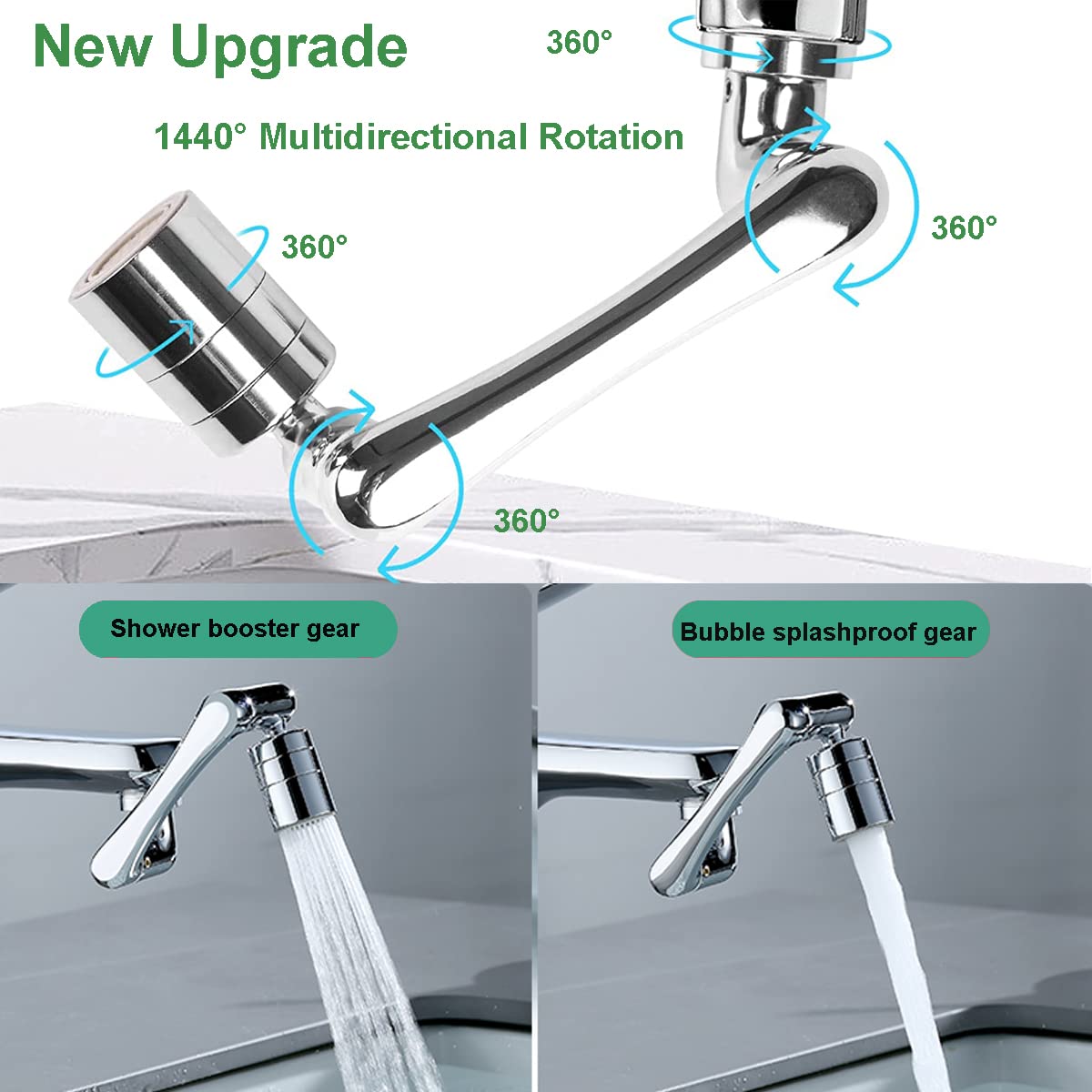 1440° Rotating Faucet Extender, 1080°+360° Large-Angle Splash Filter Faucet Aerator, with 2 Water Outlet Modes, Universal Brass Splash Filter Faucet Extension for Kitchen and Bathroom Sink, Silver