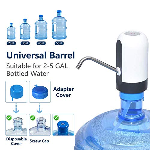 5 Gallon Water Dispenser - Pump for 5 Gallon Water Jug USB Charging Water Bottle Pump with Non Spill Bottle Cap Universal Fit for Home, Office and Outdoor (White)