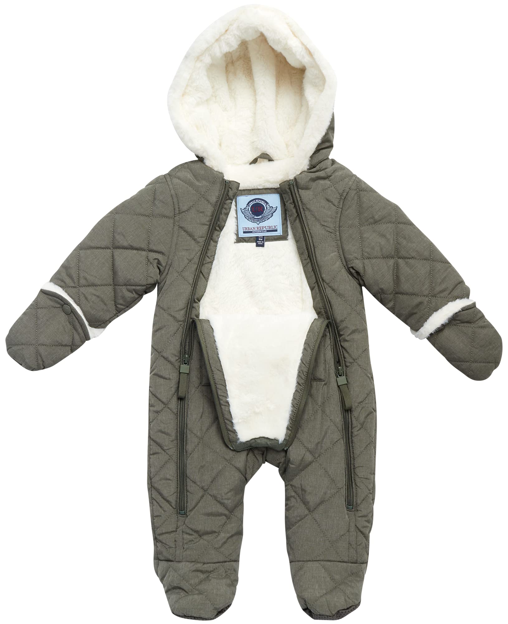 URBAN REPUBLIC Baby Boys' Pram Snowsuit - Quilted Fleece Lined Snowsuit with Gloves - Outerwear Coveralls (Sizes: 3-9M), Size 6M, Olive