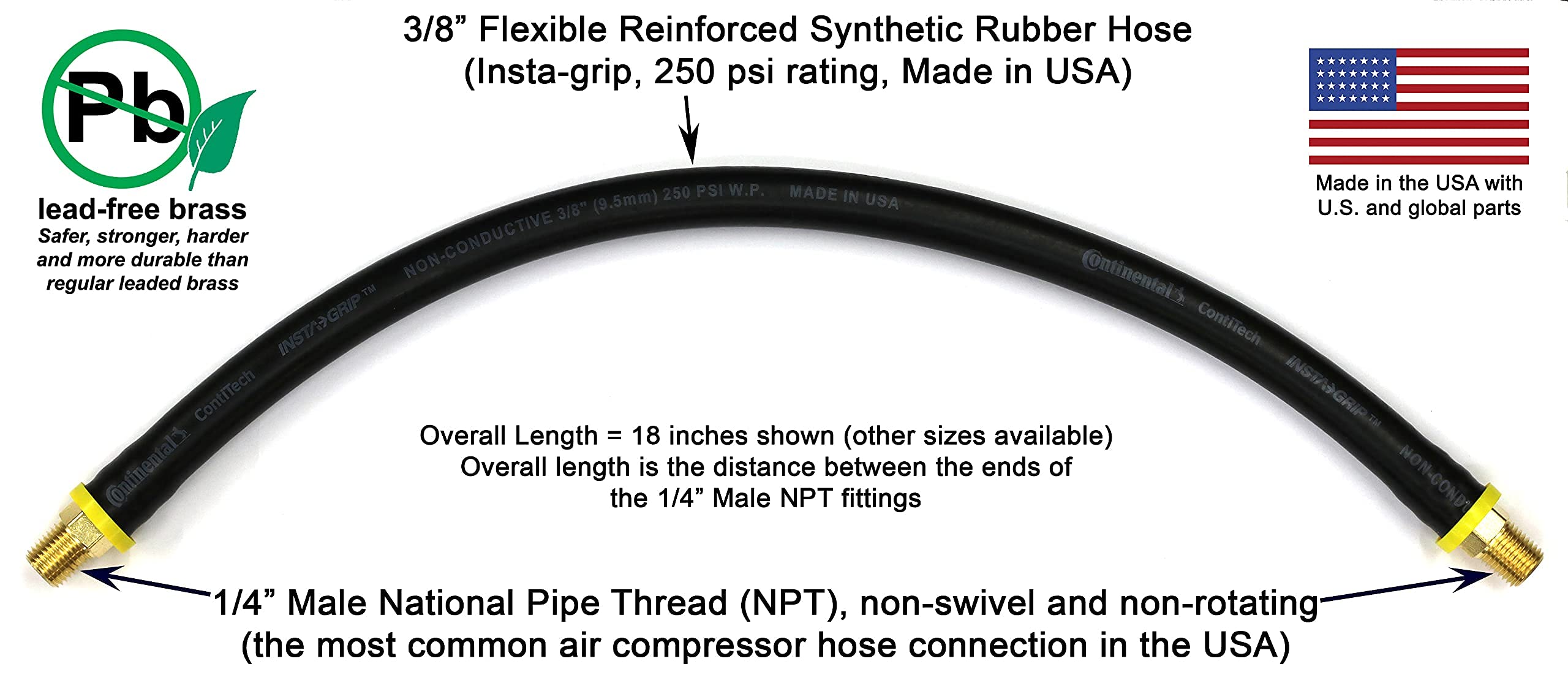 18-inch Short Air Compressor Hose: 1/4" Male NPT To 1/4" Male NPT Connections (Lead-Free Brass)