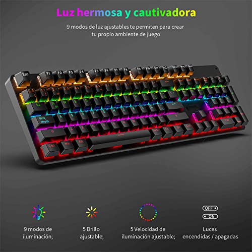 eboxer-1 Gaming Keyboard, USB Wired Keyboard with RGB Rainbow Backlit, 104 Keys Spanish Keyboard with Ñ and Blue Switch, Mechanical Keyboard for Desktop Notebook