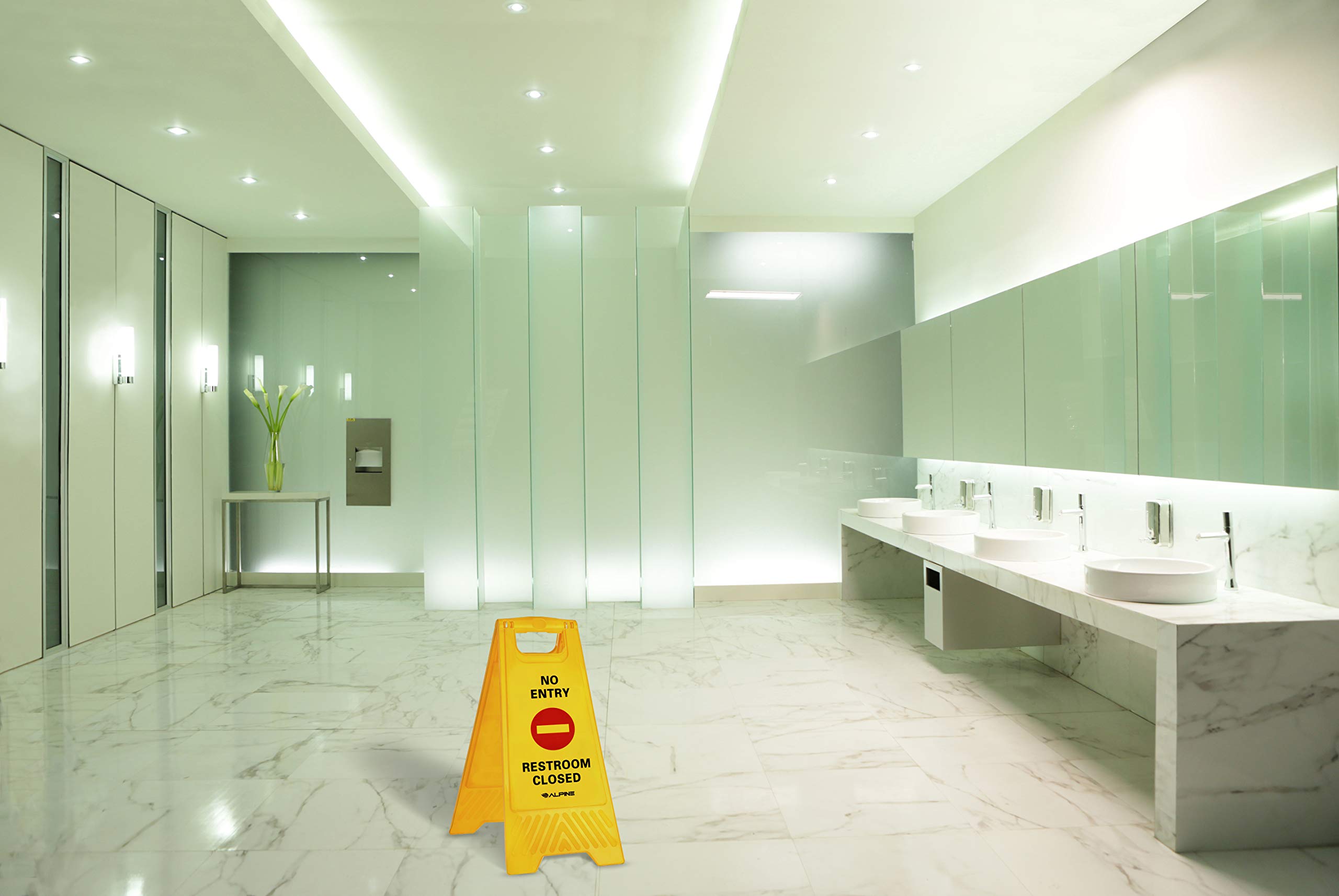 Alpine Industries Two-Sided Fold-Out No Entry - Restroom Closed Signs, 3-Pack - Foldable Indoor and Outdoor Black on Yellow Signage - Commercial Standing Floor Boards for Bathrooms