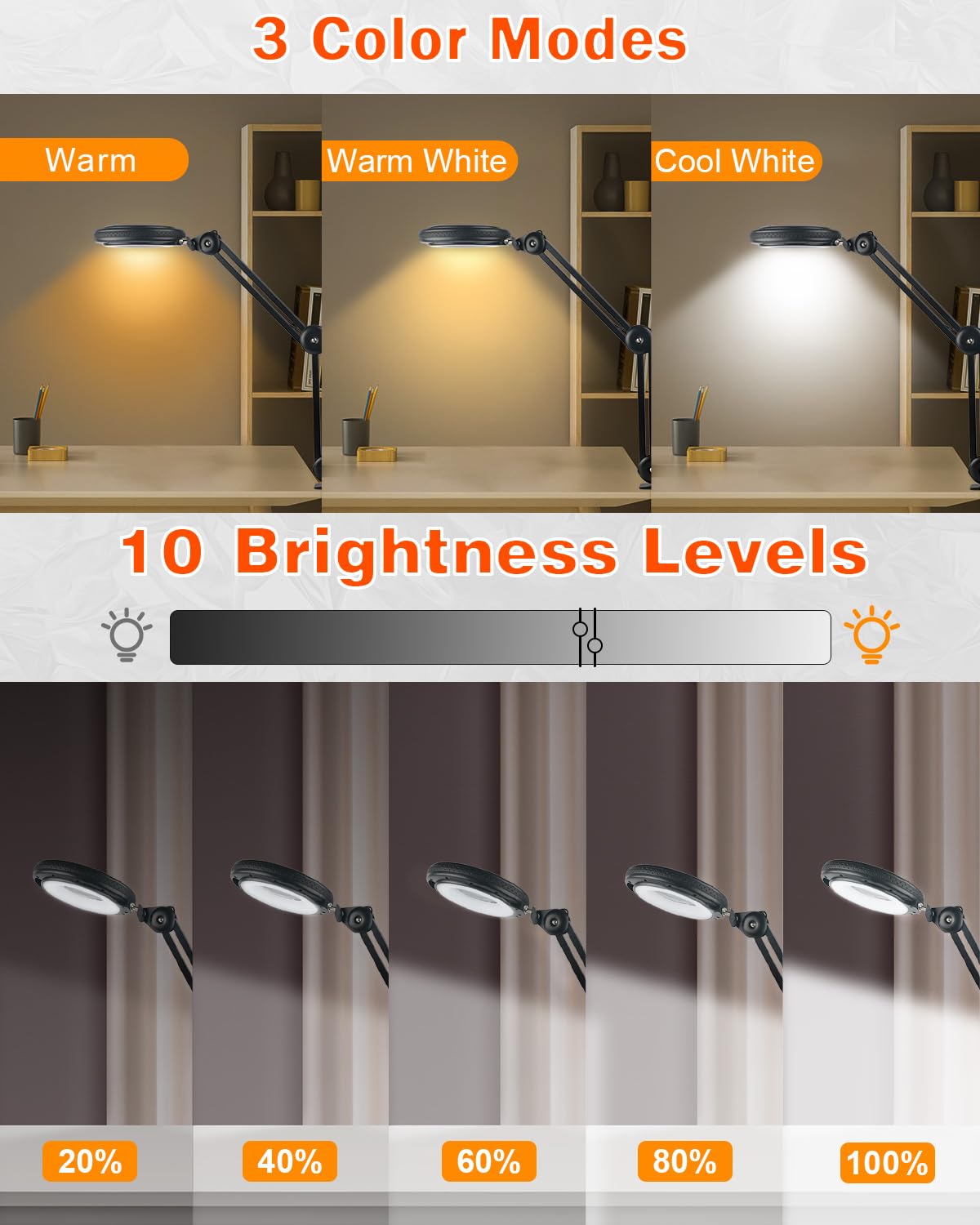 10X Magnifying Glass with Light, Adjustable Swing Arm 2200 Lumens LED Magnifying Desk Lamp with 3 Color Modes Stepless Dimming, Hands Free LED Lighted Magnifier for Close Work, Crafts Repair Painting
