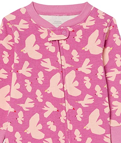 Amazon Essentials Baby Girls' Snug-Fit Cotton Footed Sleeper Pajamas, Pack of 3, Birds, 12 Months