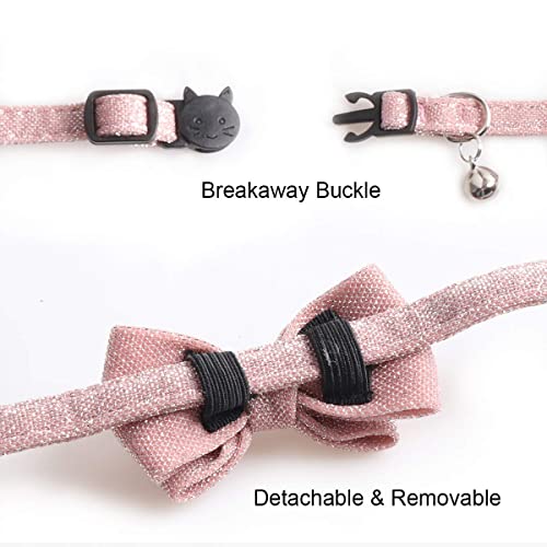 Cat Collar Breakaway with Bowtie Bell, Pink Bling Kitten Collar with Removable Cat Bow Tie Collar for Kitty Cat (7.4-10.8 inch)