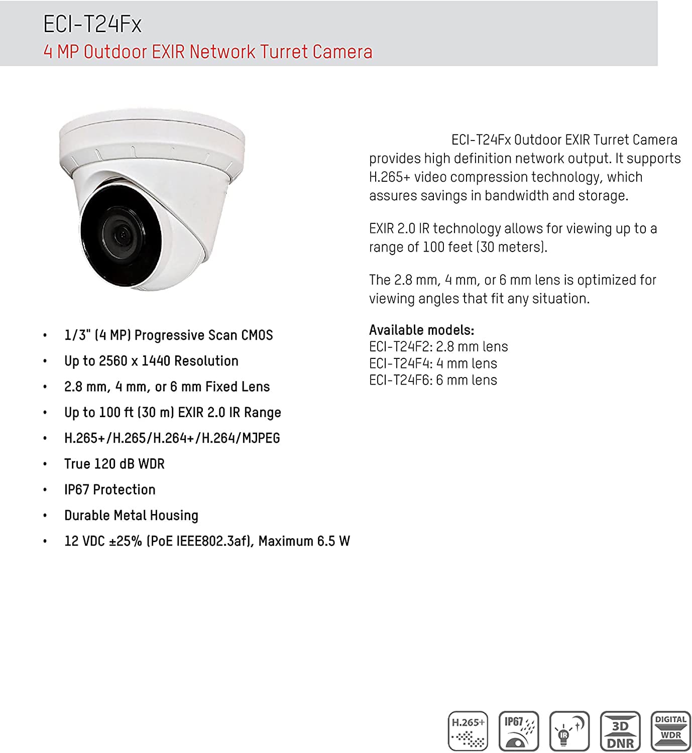 ECI-T24F2 4MP POE IP Turret Dome Camera 2.8mm 98° Wide Viewing Angle, True WDR, 98ft EXIR Night Vision, Full Metal IP67 Outdoor Rated, H.265+, Plug and Play Compatible with Hik Vision NVR