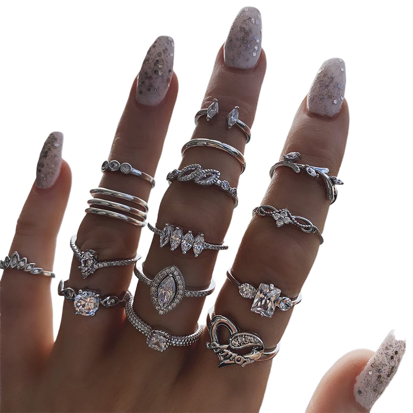 15pcs Vintage Star & Moon Knuckler Ring Silver Joint Knuckle Ring Set for Women and Girls, Midi Ring Bohemian Knuckle Ring Sets Fashion Finger Vintage Silver Stackable Rings Knuckle Midi Rings Silver