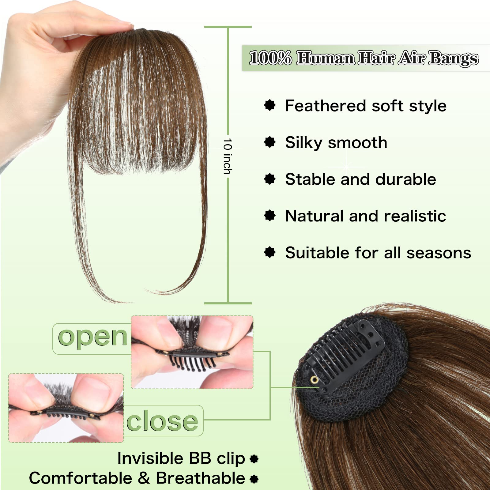 100% Human Hair Bangs Clip in Hair Extensions, Medium Brown Clip on Bangs Wispy Bangs Fringe with Temples Hairpieces for Women Curved Bangs for Daily Wear