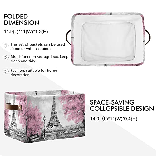 DAOXIANG Vintage Paris Eiffel Tower and Pink Tree Themed Square Storage Basket, Foldable, with Leather Handles,for Home, School and Office 15 * 11 * 9.5 in * 1