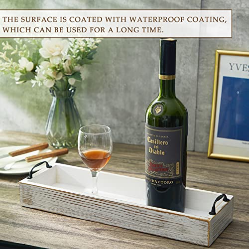 2 Pack Rustic Wooden Serving Trays Rustic Wooden Long Serving Trays with Handle Rectangular Ottoman Tray for Home Room Coffee Table Farmhouse Serving Decoration (Whitewashed)