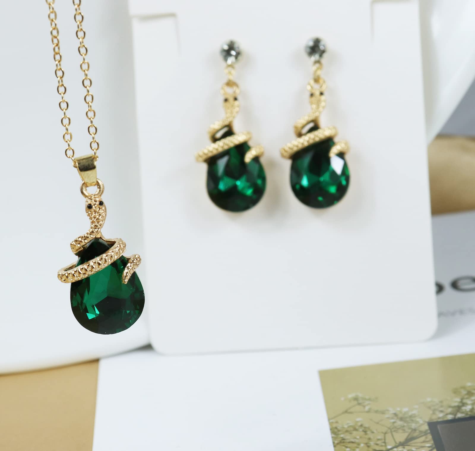14K Gold Plated Drop Crystal Zircon Green Snake Pendant Necklace and Earring Jewelry Set