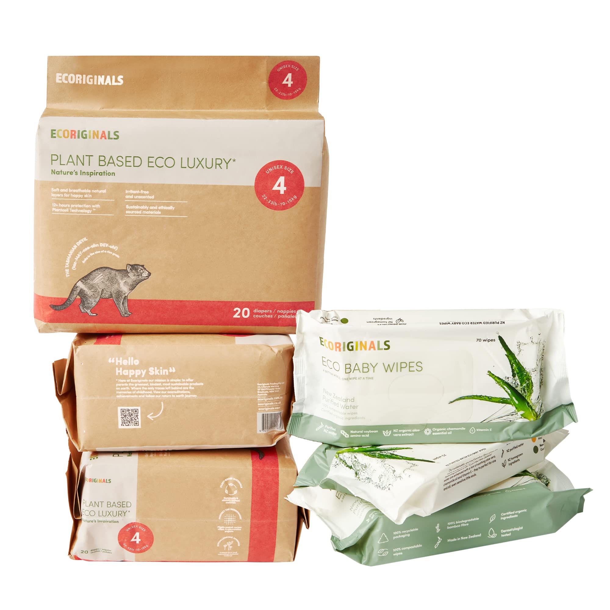 Ecoriginals Disposable Baby Diapers and Wet Wipes Bundle Kit: 3 Packs of Toddler Pants Diapers (Size 4) and 3 Packs of New Zealand Water Baby Wipes