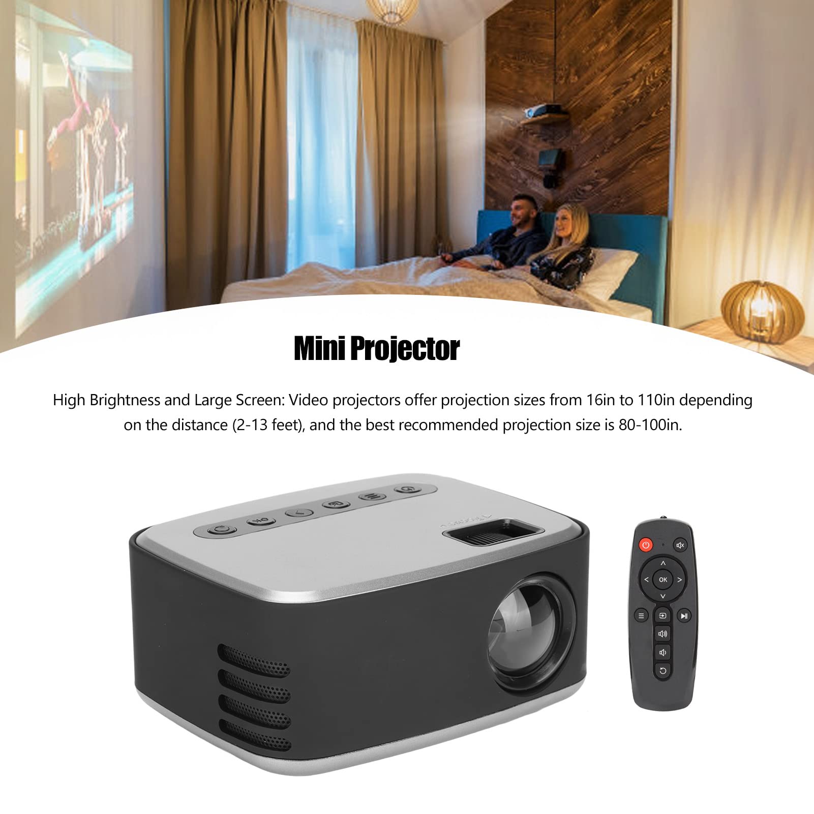 1080P Full HD Video Projector, Mini Projector Portable with Remote Control, Smart Projector for Home Theater Outdoor Movies, Compatible with TV Stick, HDMI, USB, AV, 100‑240V (US