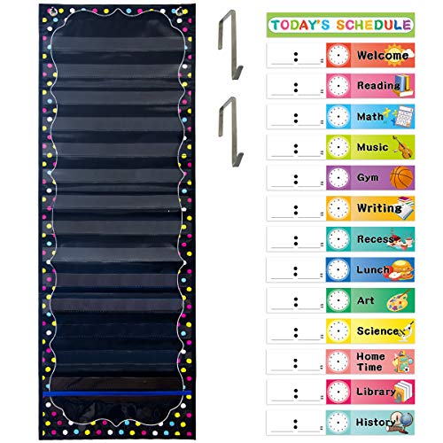 Chalkboard Brights Daily Schedule Pockets Chart for Classroom Office Home Teachers Preschool Activity Supplies 15 Pockets 14 Double-Sided Reusable Dry-Eraser Card 13 x 37 Inches