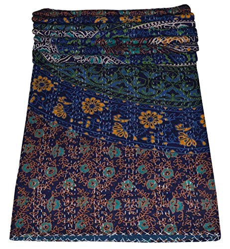 MAVISS HOMES Indian Handmade Floral Printed Queen Kantha Quilt | Traditional Print | Pure Cotton Vintage Kantha Throw Blanket | Home decore | Super Soft Cozy Vibe Blanket; Blue & Multicolour